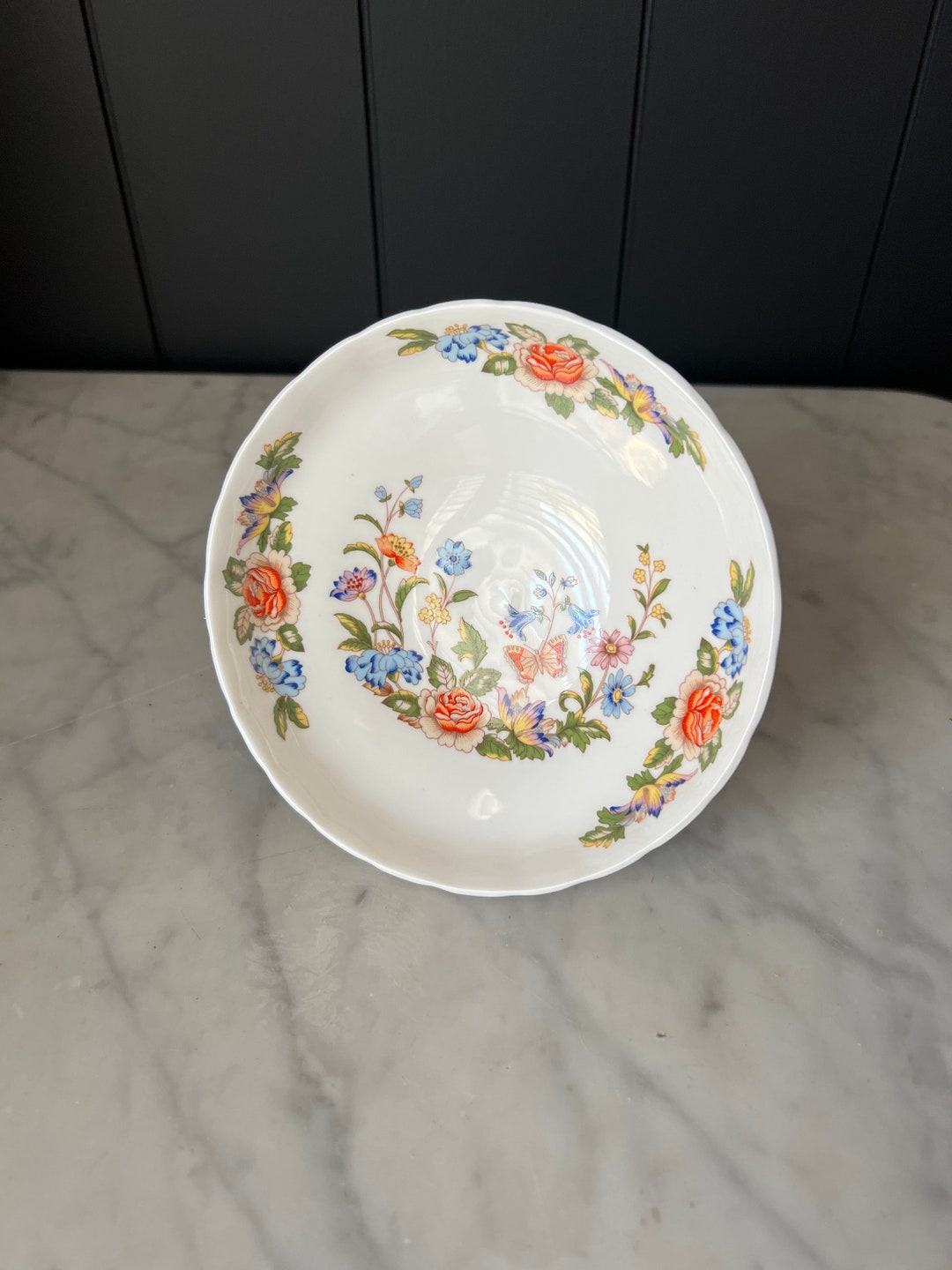 AYNSLEY PORCELAIN Flower Bowl Dish Cottage Garden Pattern Butterflies ...