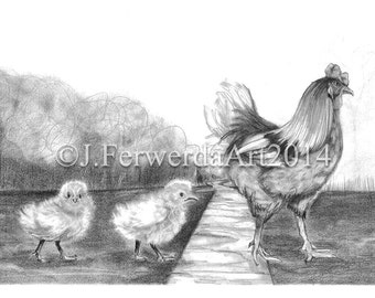 Pencil Drawing Print Three French Hens Day 345 | Etsy