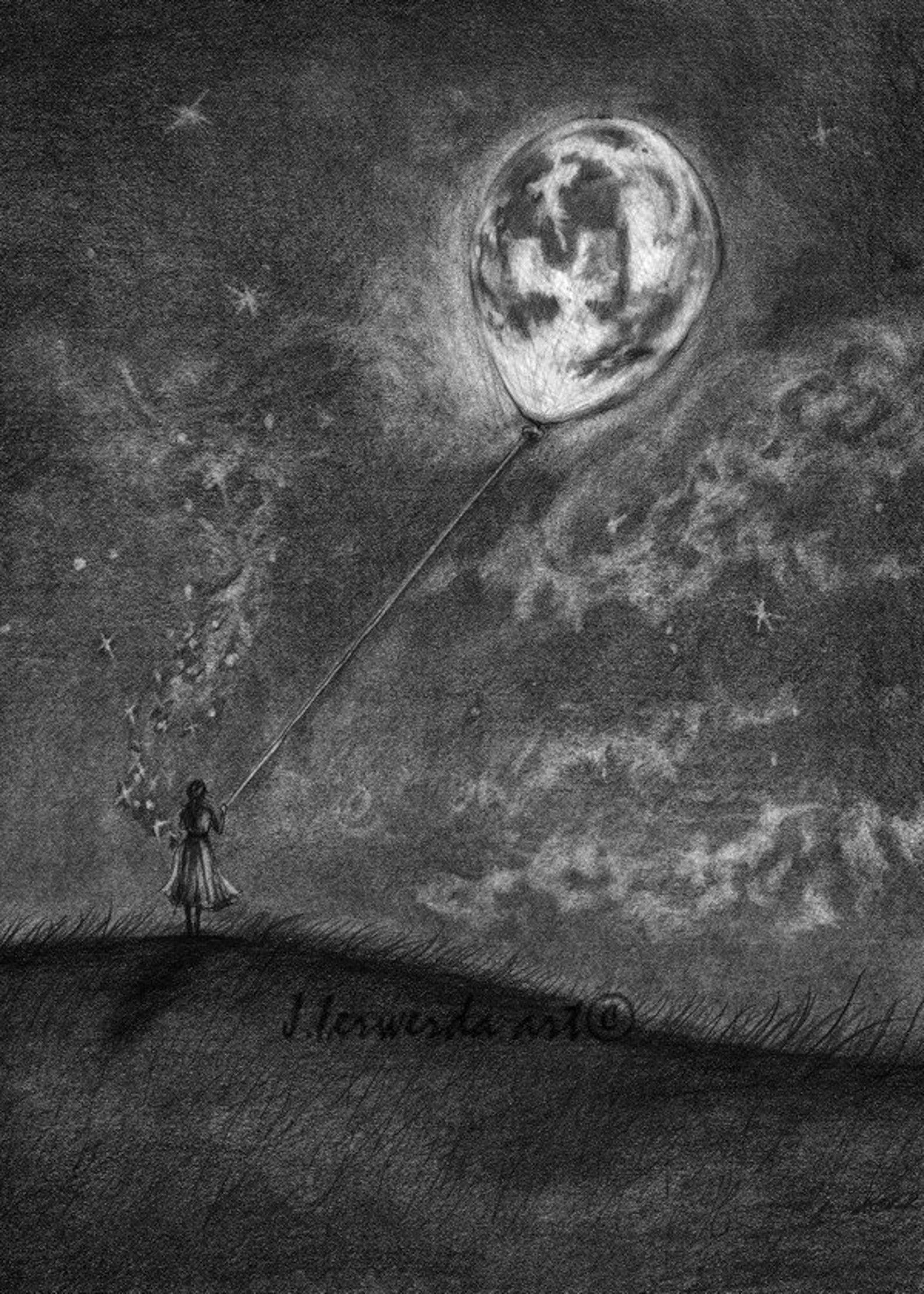 Pencil Drawing Print - Moon on A String - Day 178 - Etsy