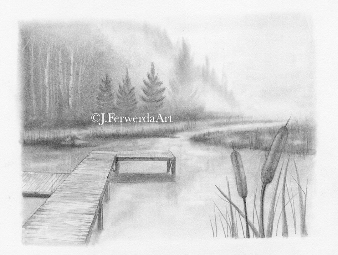 Cattails and Waterways - Pencil Drawing Print - Etsy