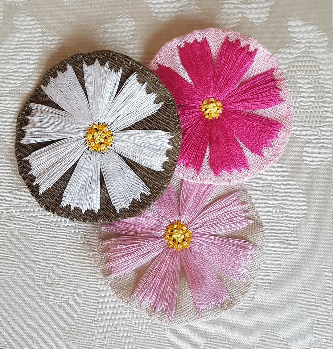 Cosmos Flower Embroidered Brooch - White, Light Pink, Dark Pink - Hand ...
