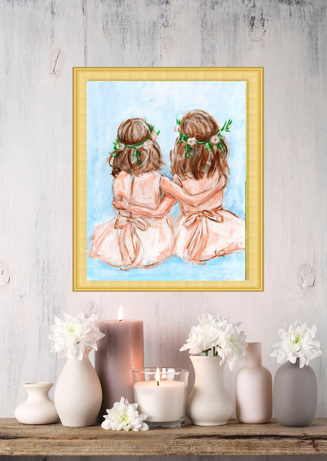 Two Sisters Love Oil Painting Family Art Childhood Poster Girlfriends ...