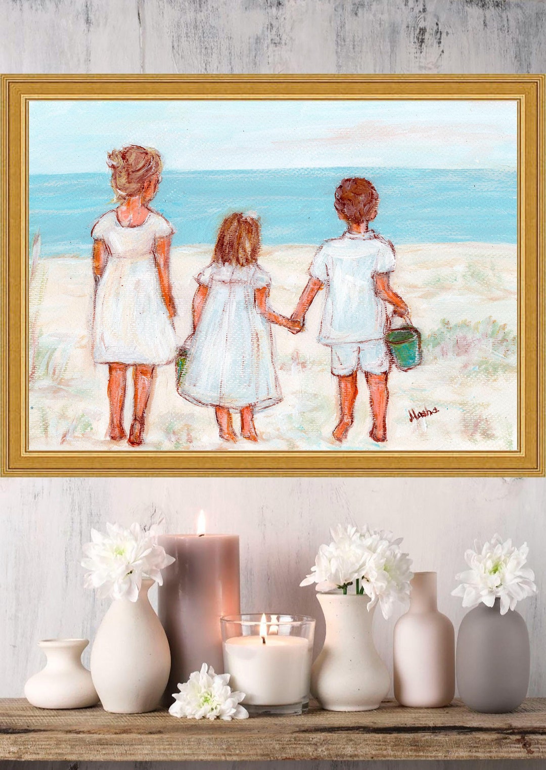 Beach Children Oil Painting Kids Poster Two Sisters and Brother Artwork ...