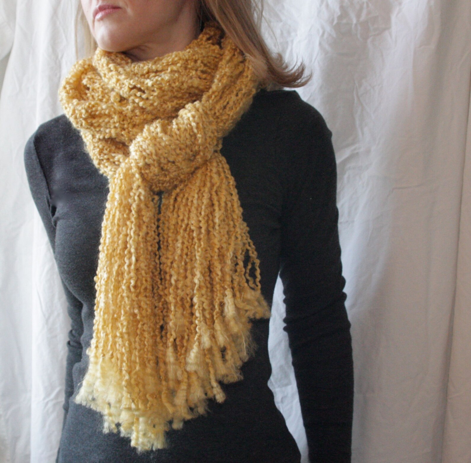 Hand Knit Scarf Yellow Extra Long Gold Lace Handmade - Etsy
