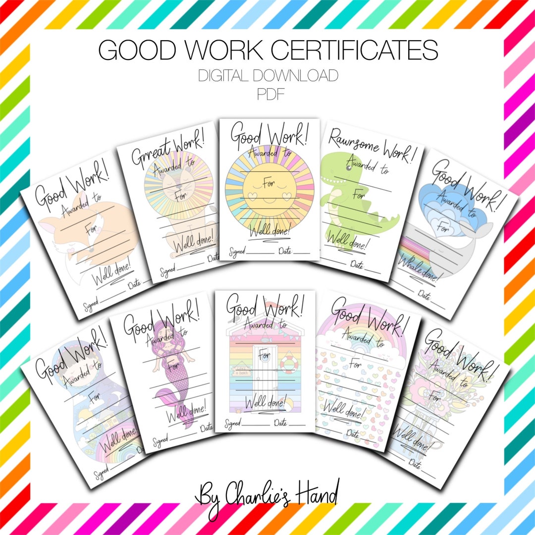 Children’s Good Work School Certificates Set of 10 Designs Digital ...