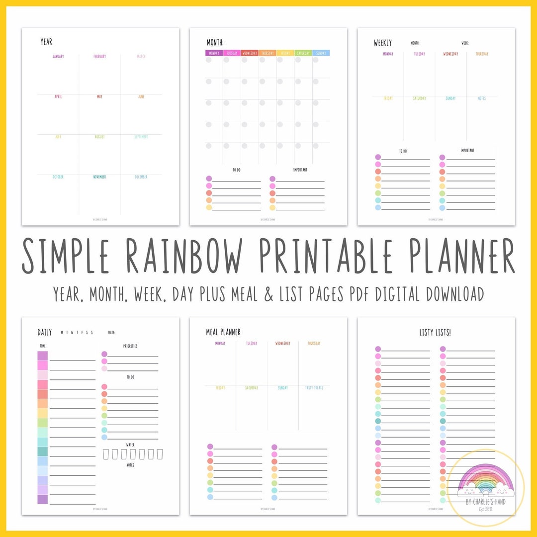 Simple Rainbow Printable Planner Set Yearly, Monthly, Weekly, Daily ...