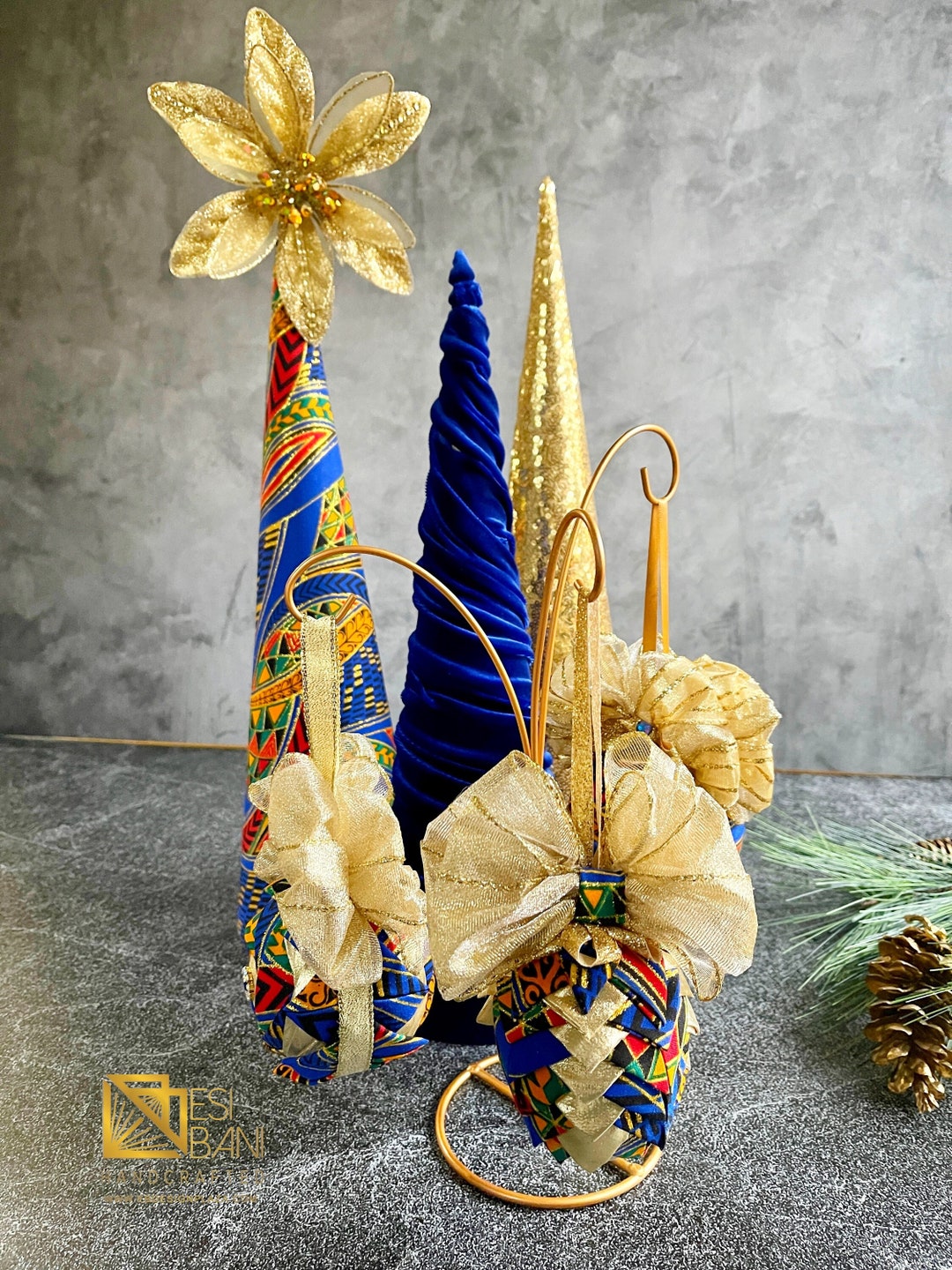 Blue Kente Christmas Cone Trees & Ornaments, Fabric Holiday Trees ...