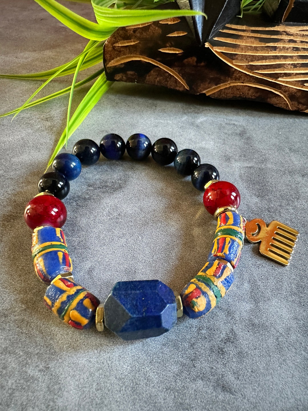 Kente Chief Lapis Lazuli, Blue Tiger Eye, Deep Burgundy Beads & Krobo ...