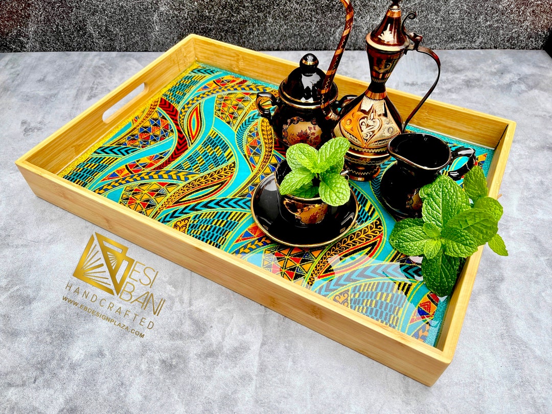 Metallic Teal Kente Resined Tray, Bamboo Wood & Fabric Tray, Wedding ...