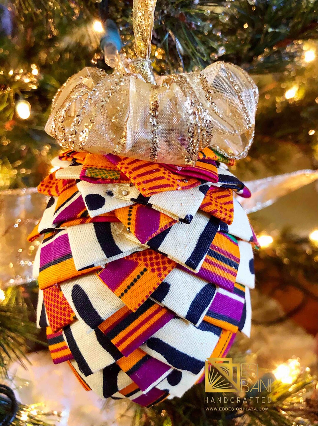 Mudcloth N Kente Christmas Ornament, Quilted Fabric Ornament, Pine Cone ...