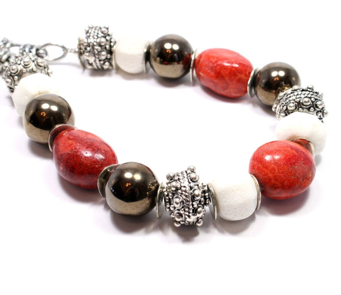 Chunky Gemstone Necklace - Rust Cream Brown Beaded Necklace - Beadwork ...