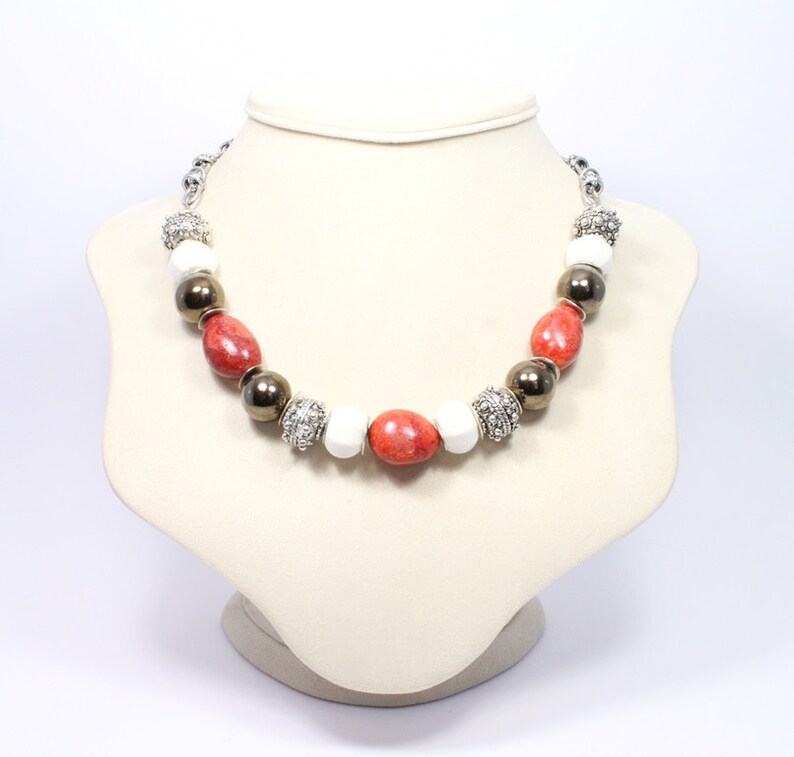 Chunky Gemstone Necklace - Rust Cream Brown Beaded Necklace - Beadwork ...