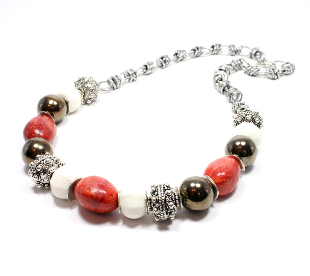 Chunky Gemstone Necklace - Rust Cream Brown Beaded Necklace - Beadwork ...