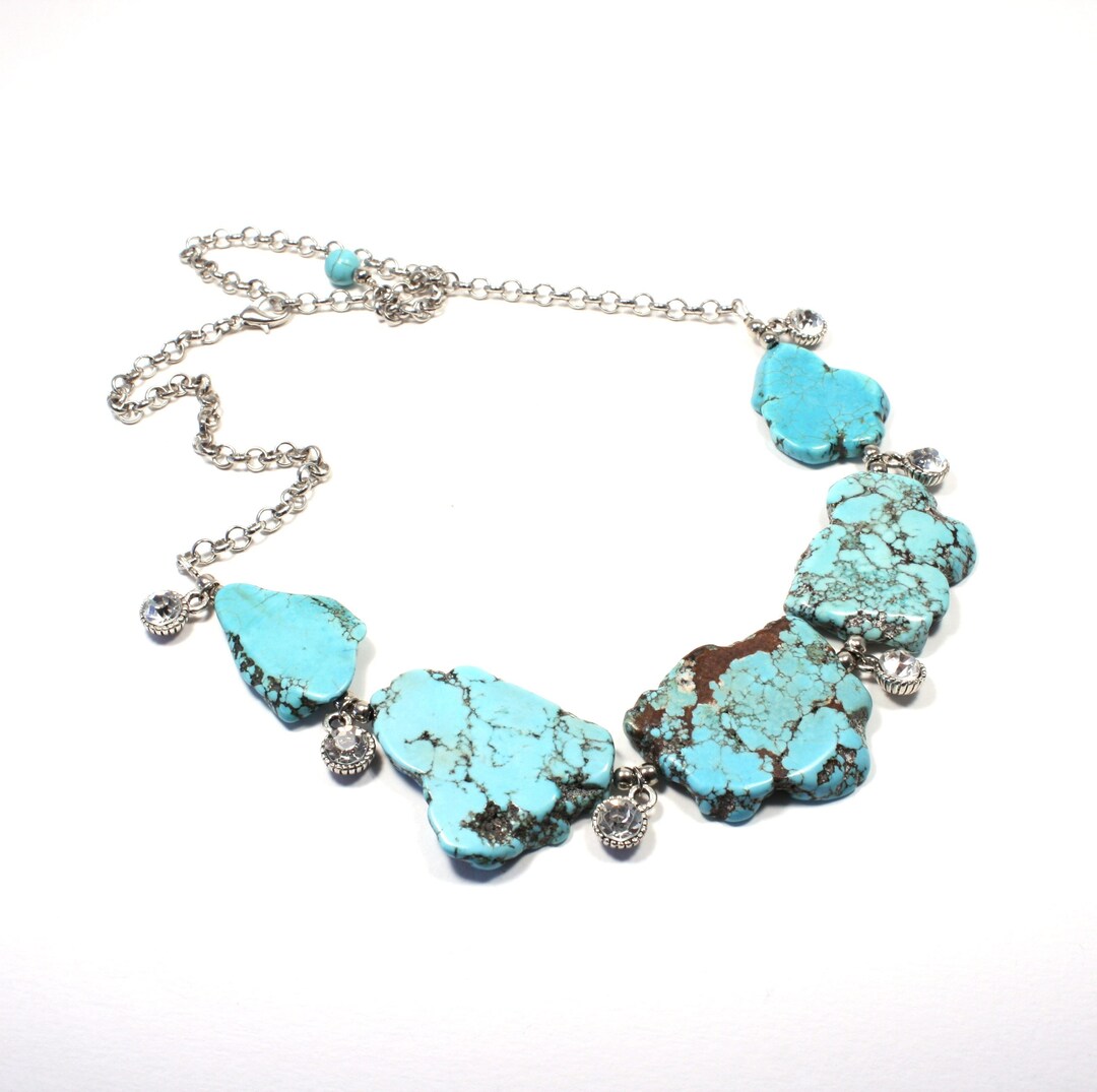 Freeform Turquoise Slab Necklace With Diamante Charms - Turquoise ...