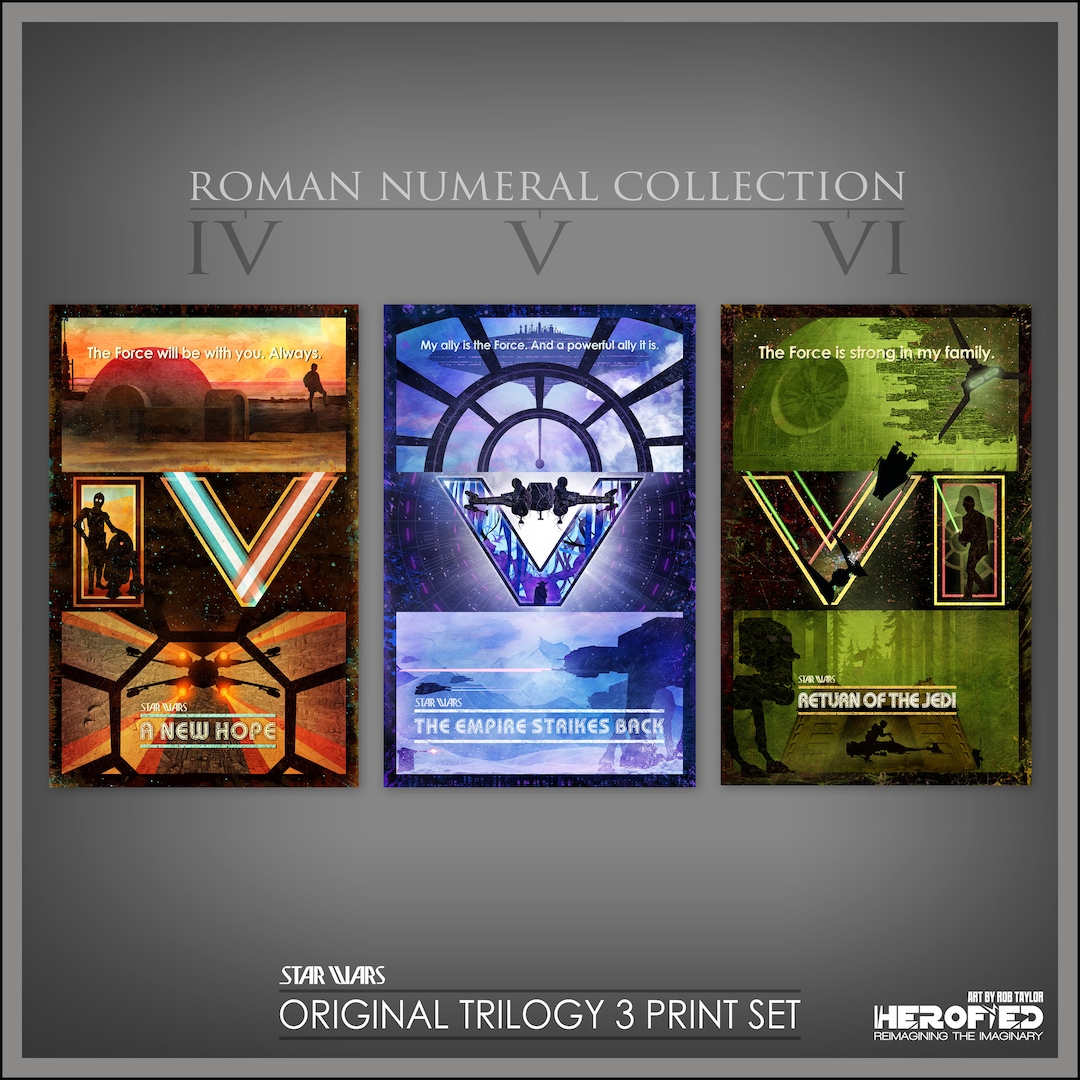 Star Wars Original Trilogy Set of 3 Roman Numeral Art Prints by ...