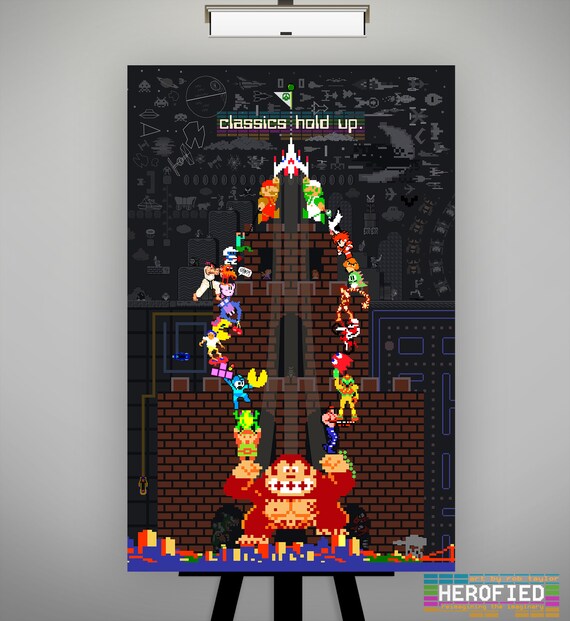 Retro Video Game Art Print classics Hold Up by Herofied Arcade Inspired 80s Super Mario Galaga Metal Canvas Acrylic Options Etsy