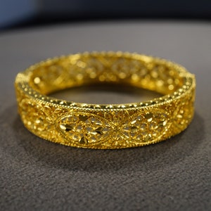 Vintage Yellow Gold Tone Bangle Bracelet Fancy Eternity Etched Scrolled ...
