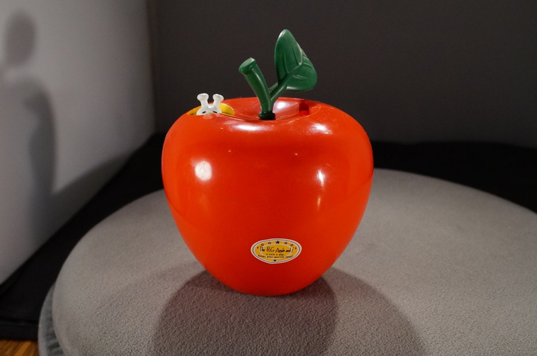 Vintage Plastic Celluloid Red Apple Design Coin Bank Worm Motion Style ...