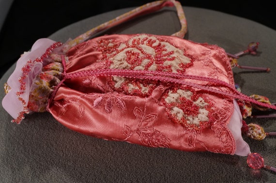 Antique Vintage Pink Satin Draw String Pouch Handbag … - Gem