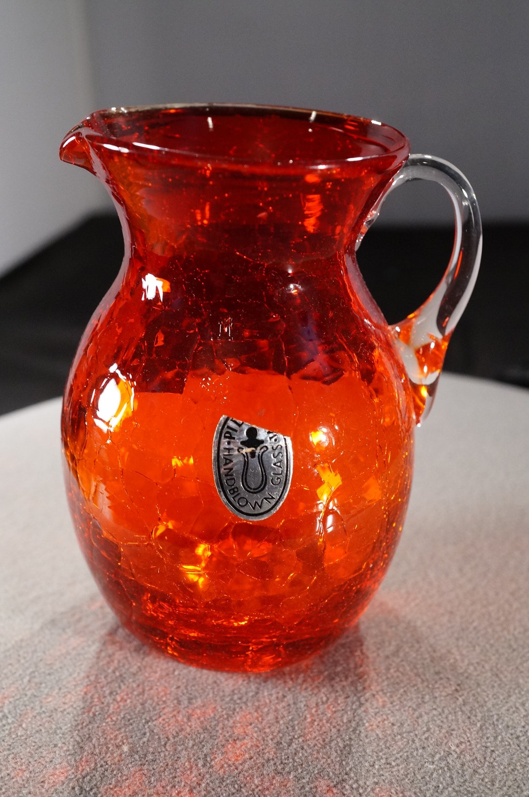 Vintage Pilgrim Crackle Glass Applied Handle Pitcher Vase Ruby Red ...