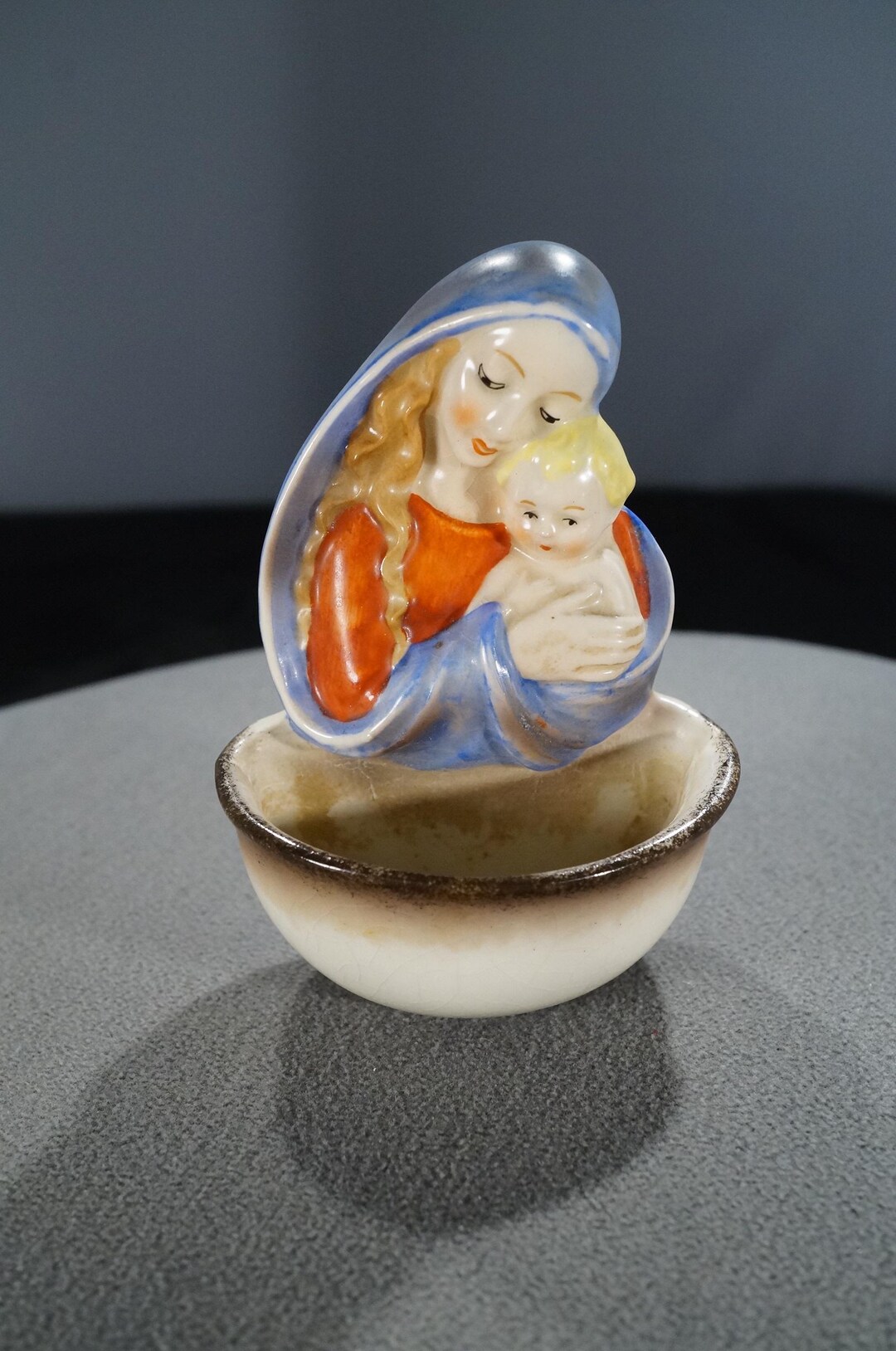 Vintage Virgin Mary Baby Jesus Font Hand Painted Porcelain Wall Hanging Stoup Holy Water Holder ...