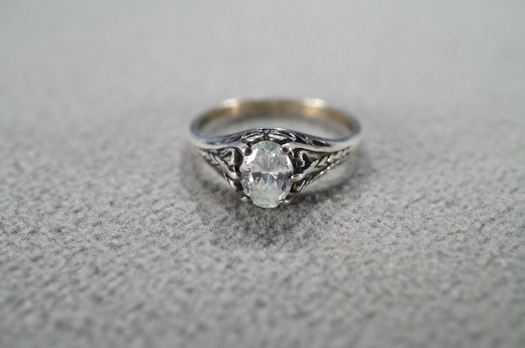 Vintage Wedding Band Stacker Design Ring Sterling Silver Oval Prong Set ...