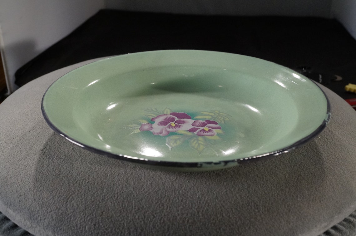Antique Vintage Green Enamelware Round Bowl Basin Pan Hand - Etsy