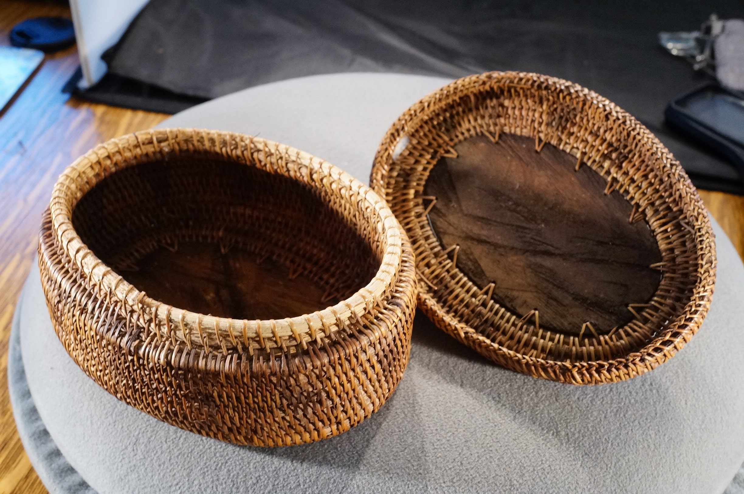 Vintage African Woven Wicker Wood Trinket Jewelry Storage Box Container ...