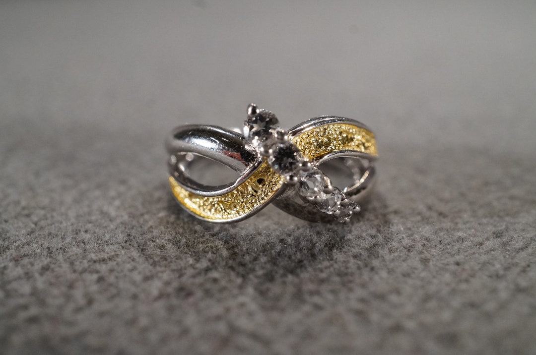 Vintage Sterling Silver Yellow Gold Overlay Band Ring 5 Round Prong Set ...