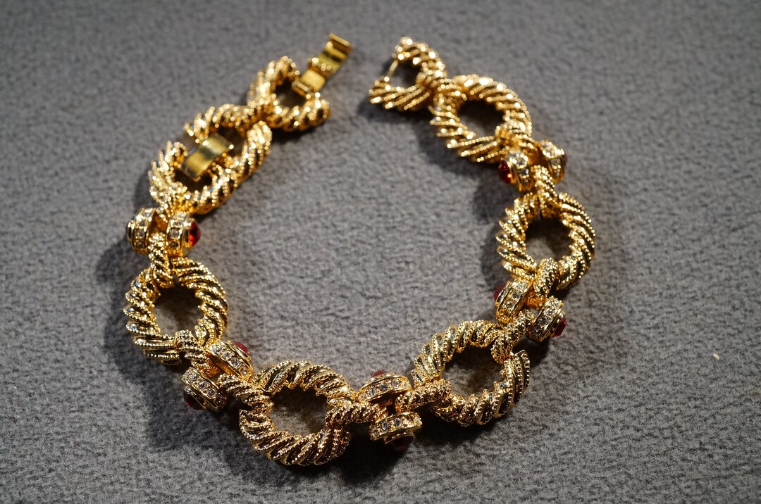 Vintage Yellow Gold Tone Link Design Bracelet Multi Round Clear Ruby ...