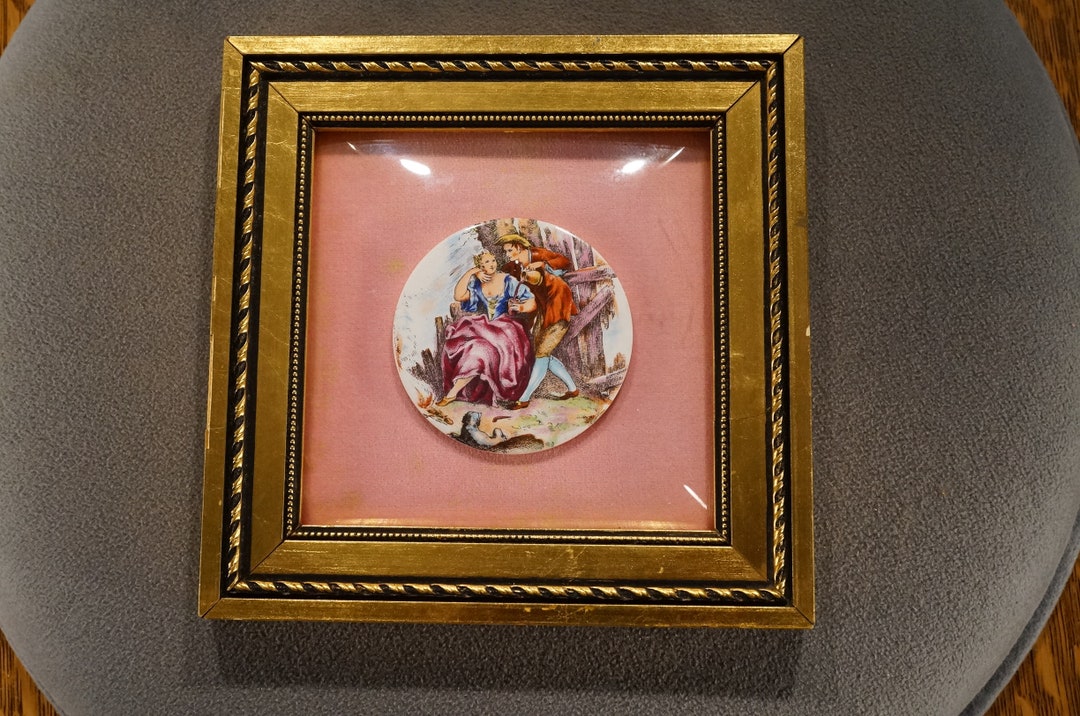 Vintage Framed Porcelain Velvet Square Gold Tone Wood Fancy Hand ...