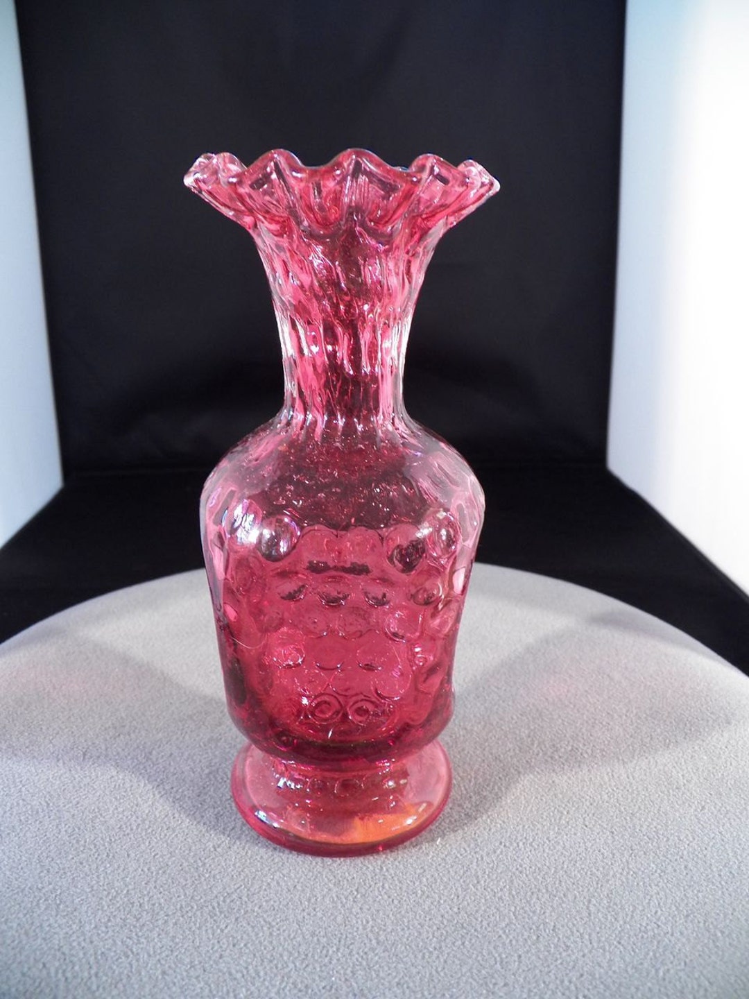 Vintage Coin Dot Pattern Cranberry Glass Ruffled Edge Large Vase **RL ...