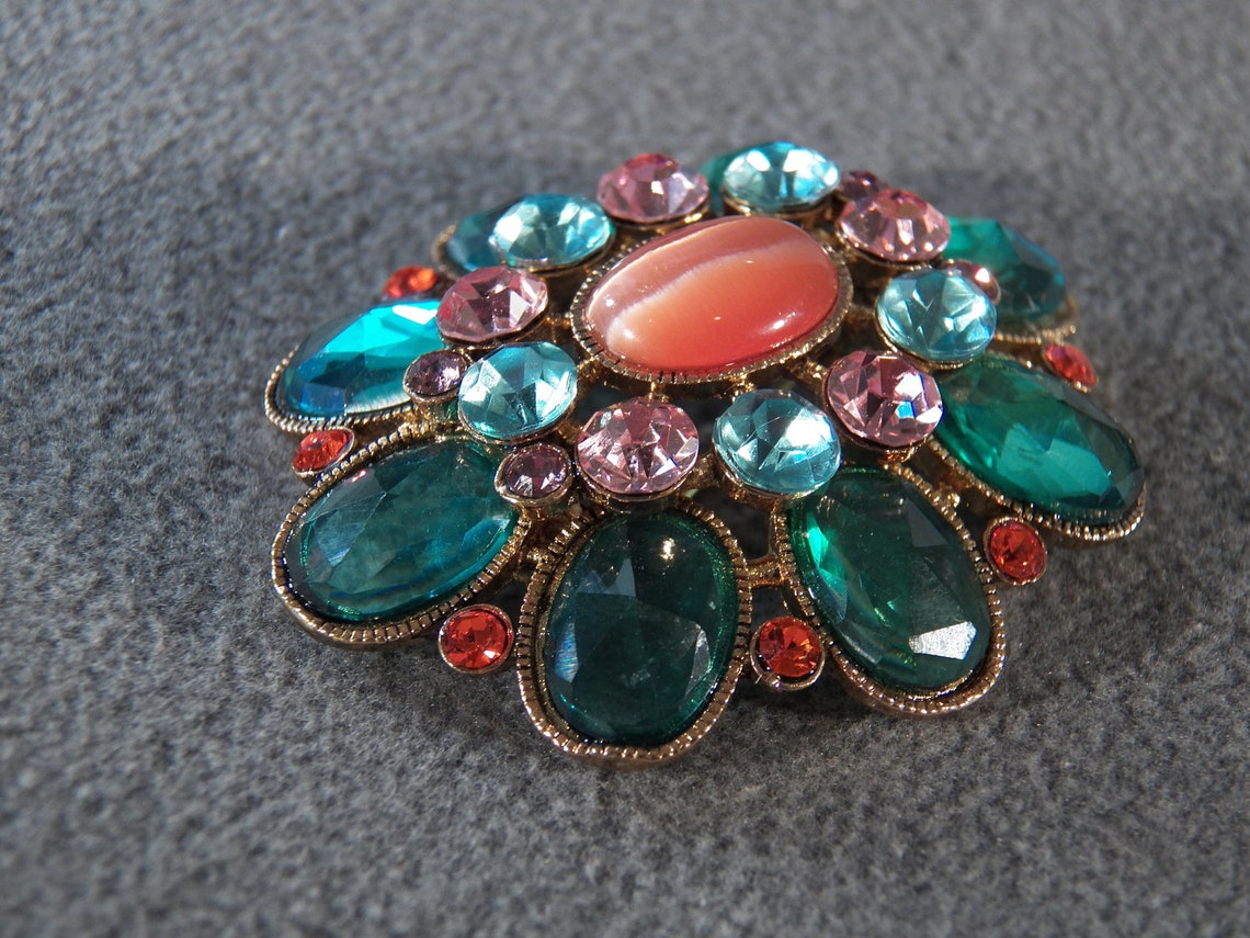 Vintage Yellow Gold Tone Round Oval Multi Colored Rhinestone - Etsy