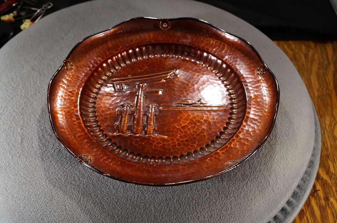 Antique Vintage Copper Plate Dish Pounded Scalloped Edge Asian Style ...