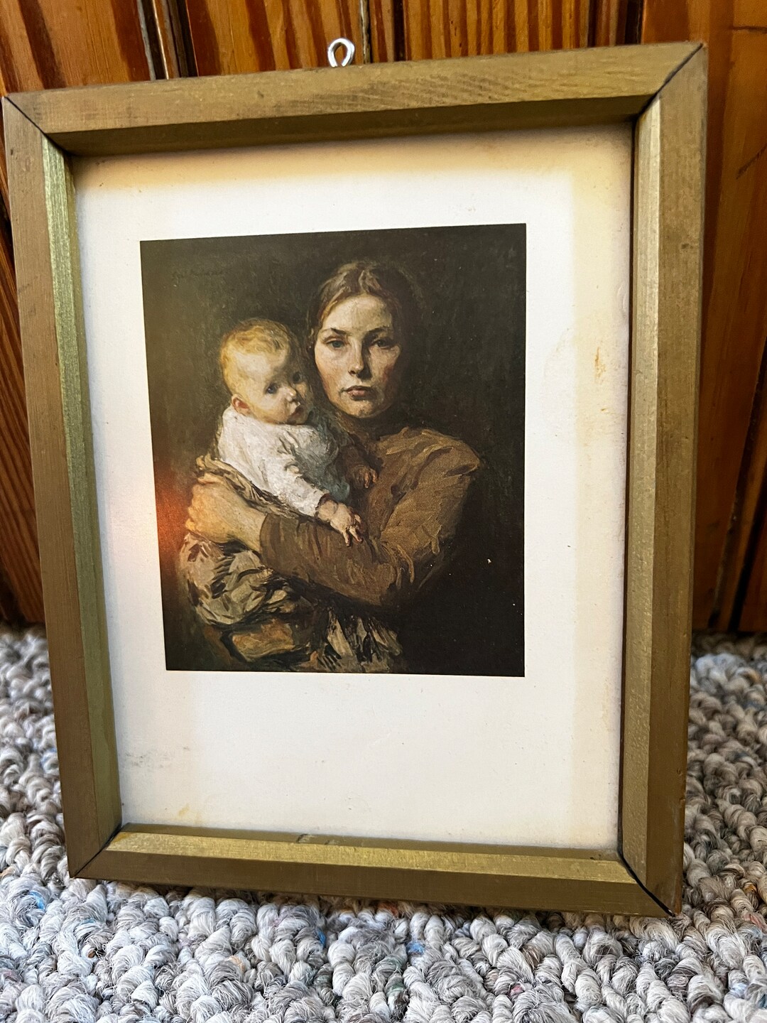 Vintage Yellow Gold Tone Wood Mother Child Colorized Print Lithograph ...