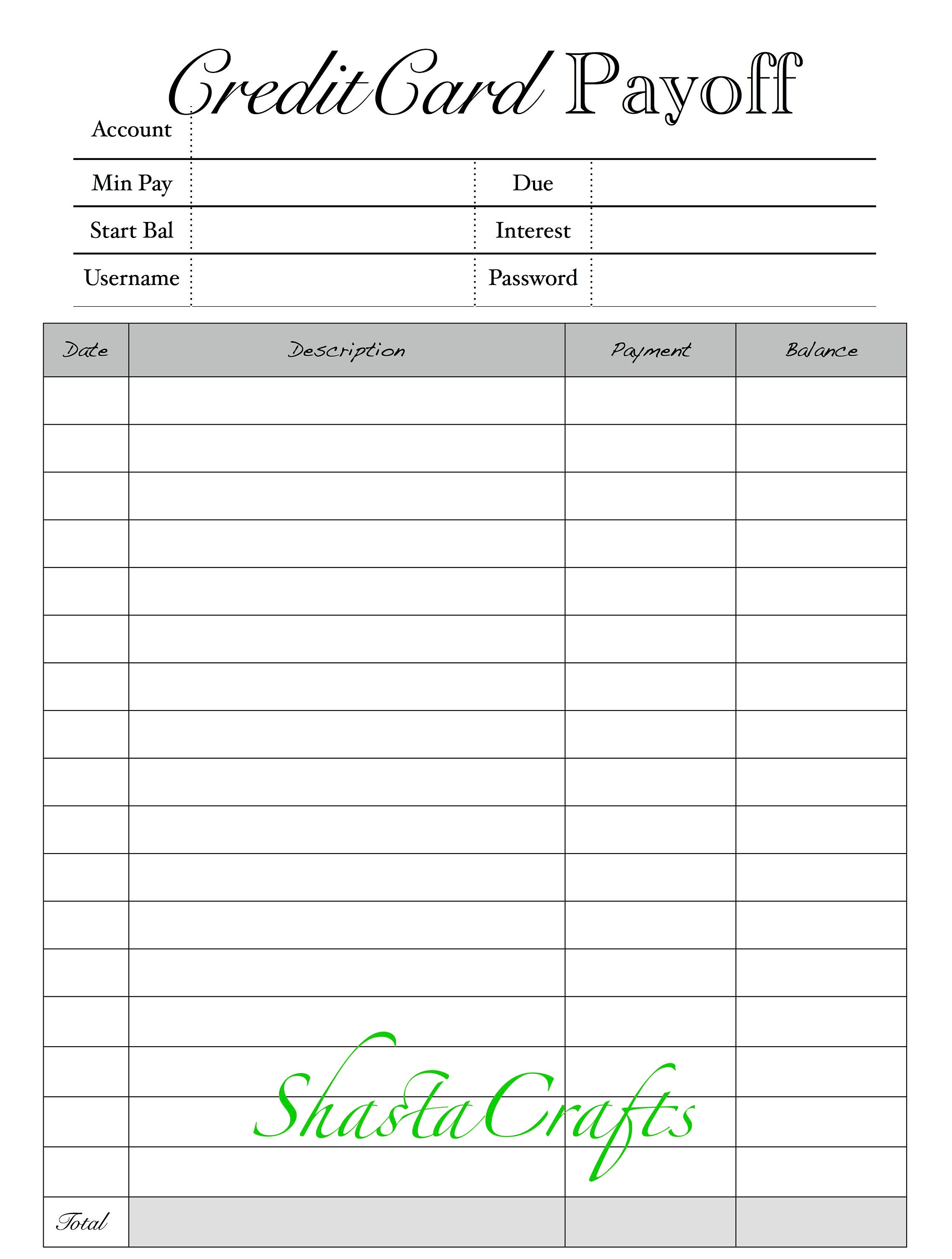 Credit Card Payoff Debt Chart / Tracker Refill / Insert With Account ...