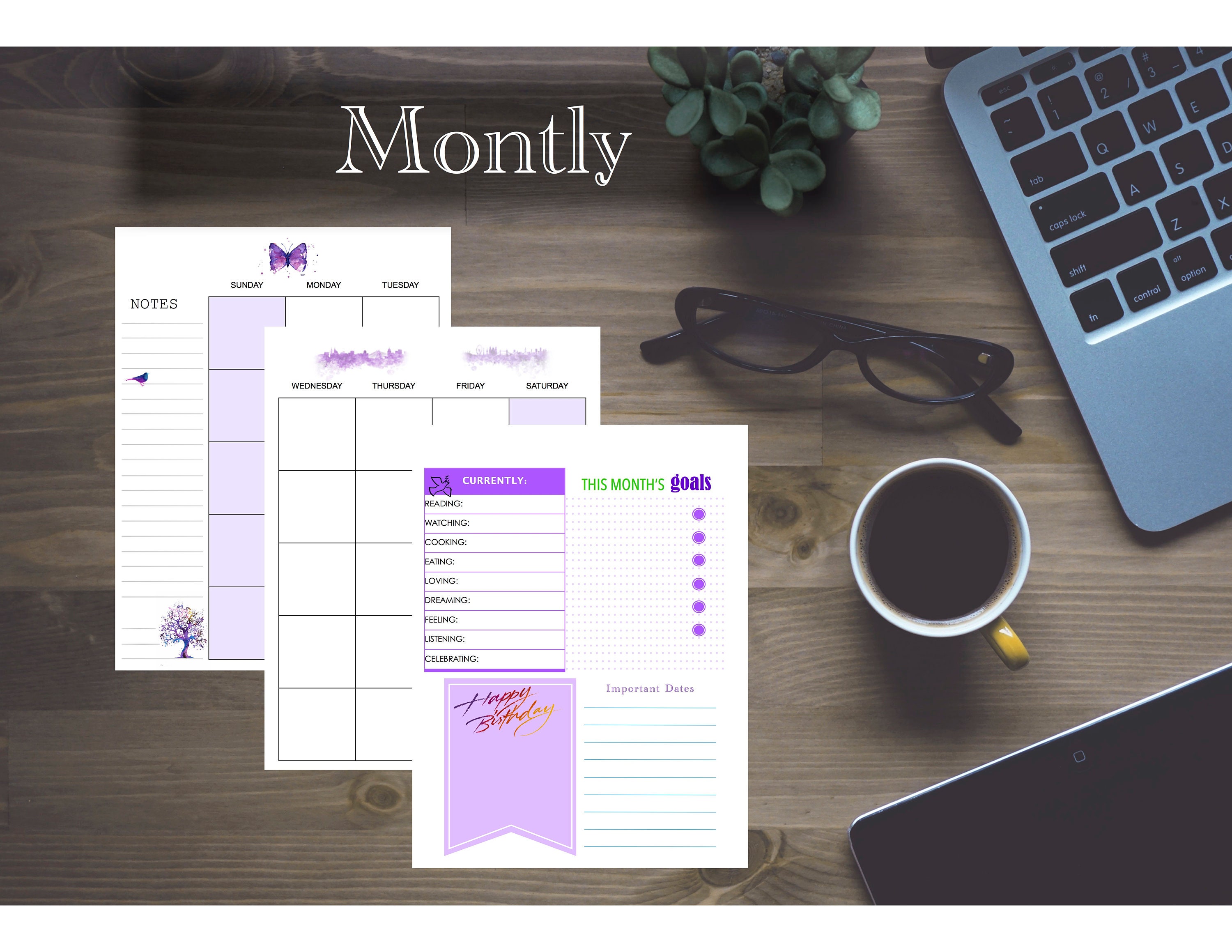 Purple Undated Monthly Layout / Month Notes / Calendar Template With ...