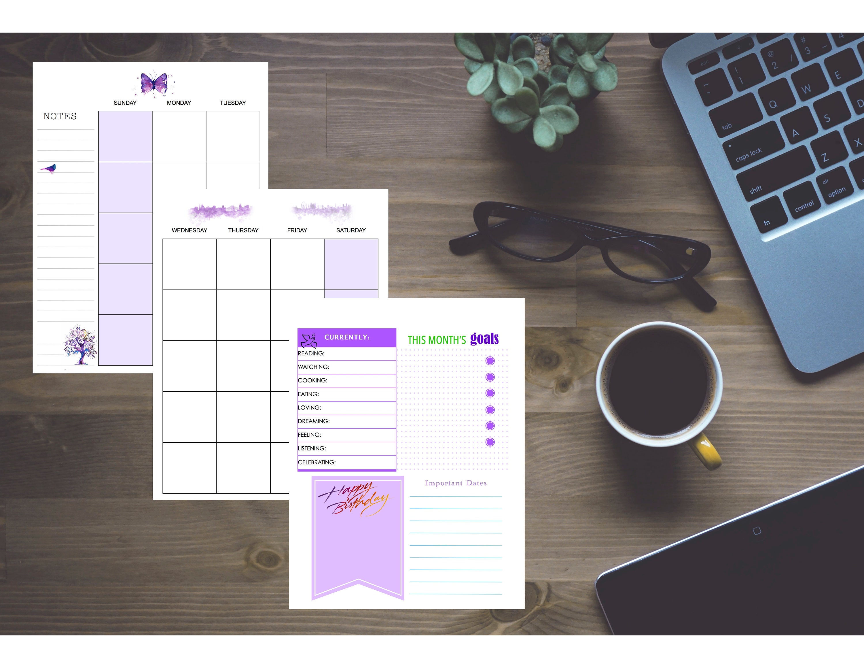 Purple Undated Monthly Layout / Month Notes / Calendar Template With ...