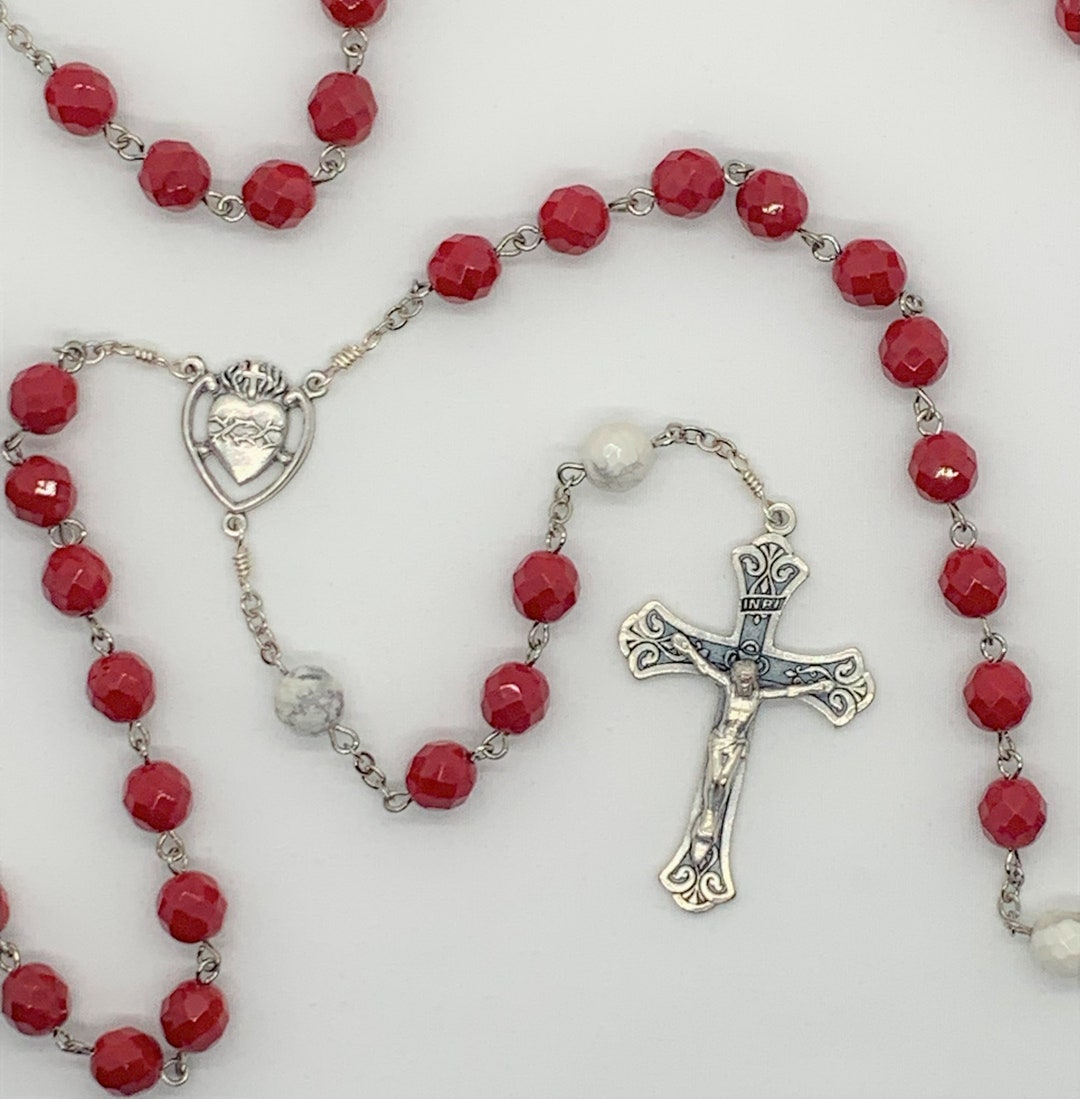 Sacred Heart Rosary, Ruby Opaque Glass, Marble Look Beads, Fatima ...