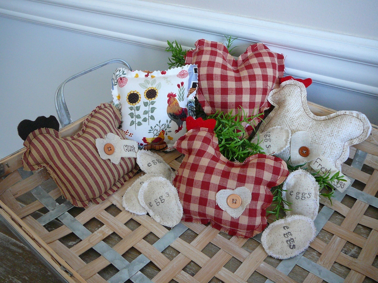 Primitive Farmhouse Chickens. Rustic Fabric Hens. Bowl Filler. Tiered ...