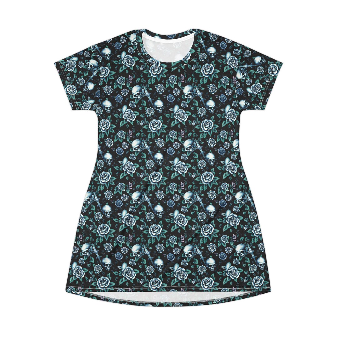 Teal Gothic Rose Pattern T-shirt Dress | Skull Floral All Over Print - Etsy
