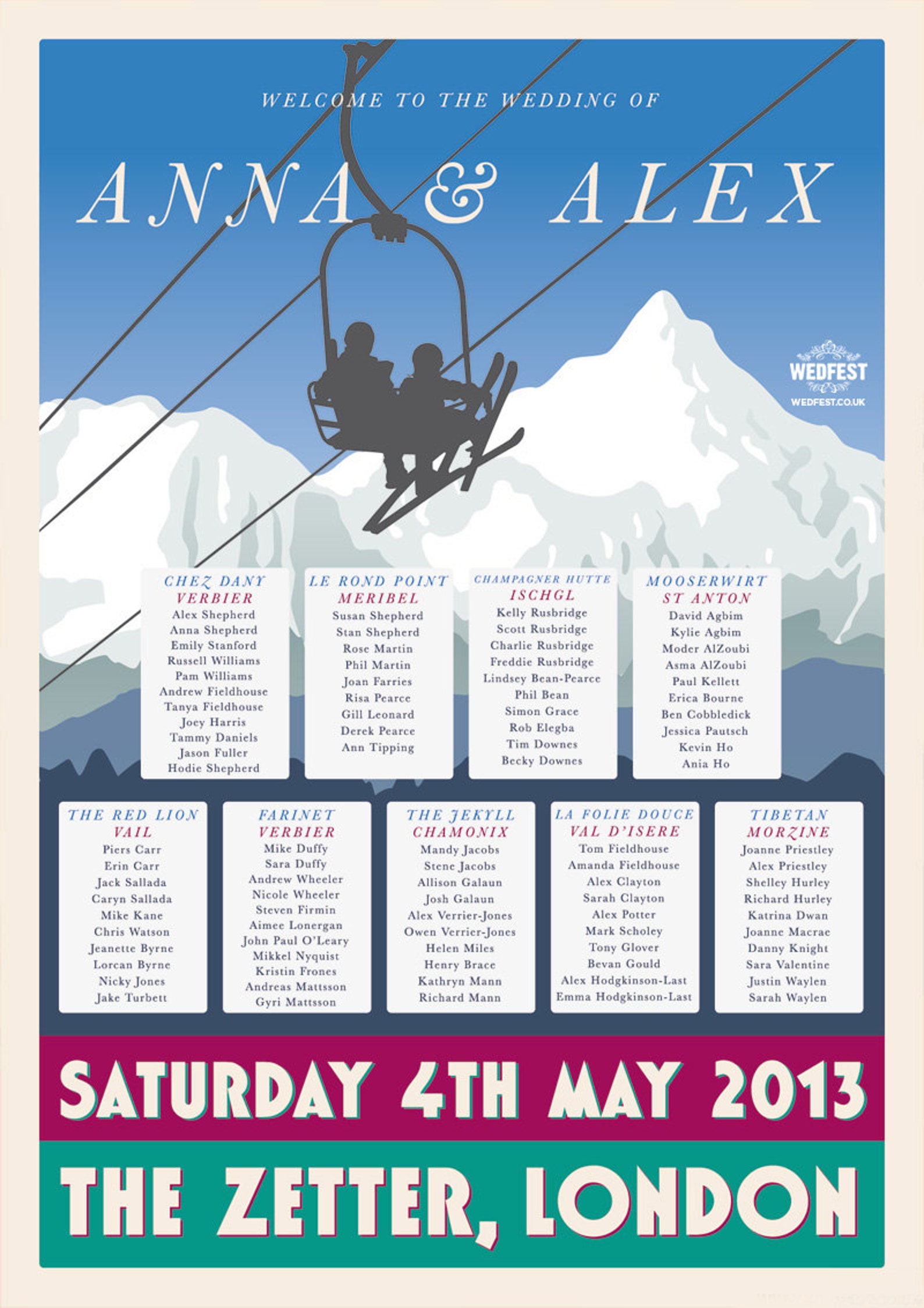 Ski Skiing Theme Wedding Table Seating Plans - Ski Snowboard Wedding ...