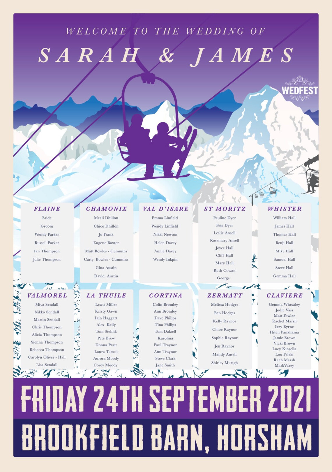 Ski Skiing Theme Wedding Table Seating Plans - Ski Snowboard Wedding ...
