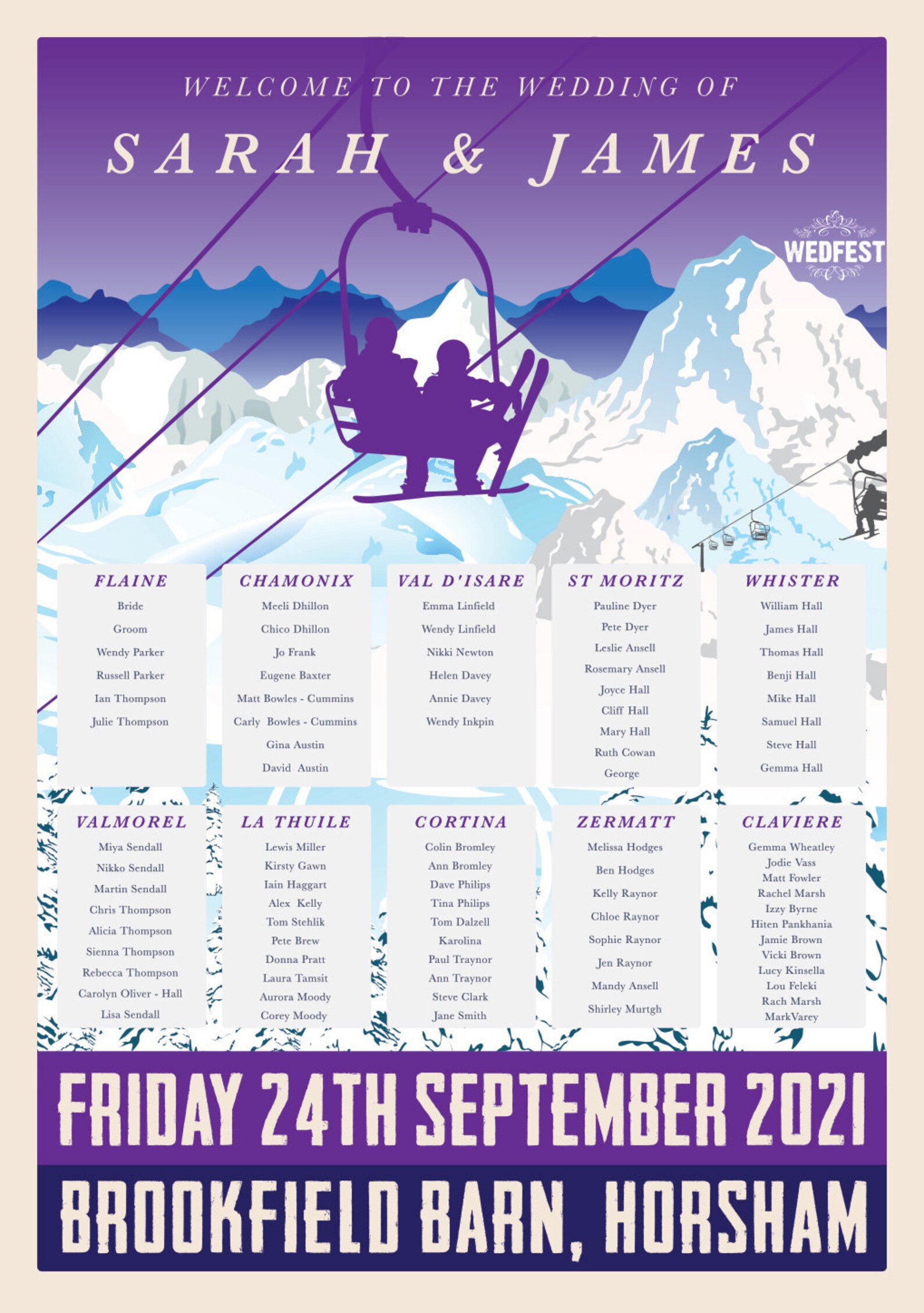 Ski Skiing Theme Wedding Table Seating Plans - Ski Snowboard Wedding ...