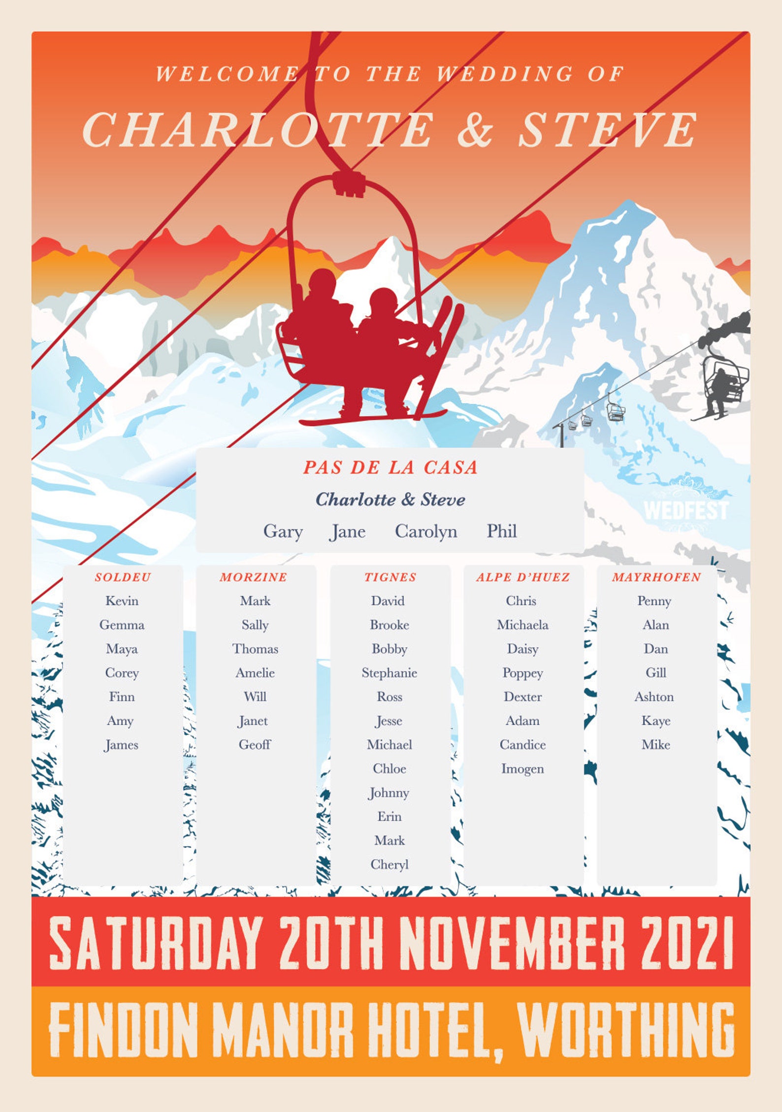 Ski Skiing Theme Wedding Table Seating Plans - Ski Snowboard Wedding ...