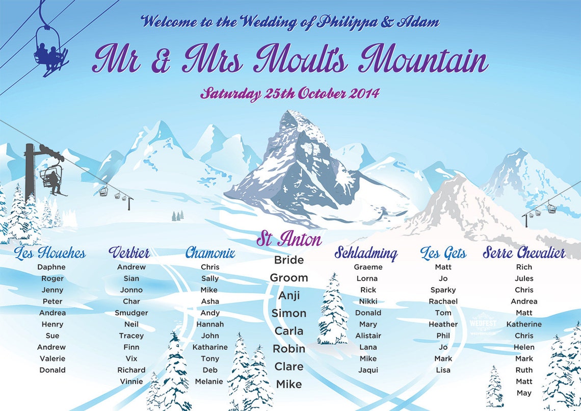 Ski Skiing Theme Wedding Table Seating Plans - Ski Snowboard Wedding ...