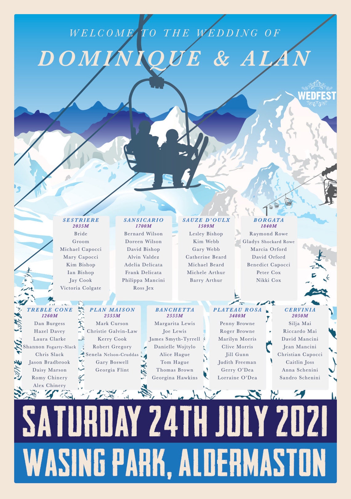 Ski Skiing Theme Wedding Table Seating Plans - Ski Snowboard Wedding ...