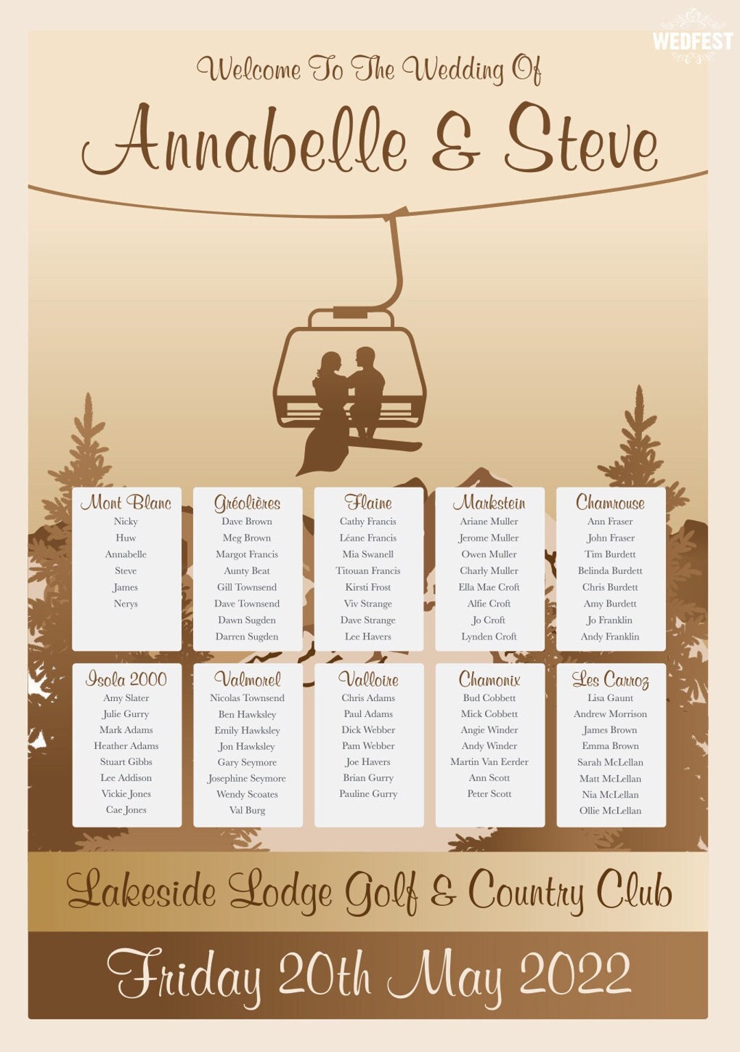 Ski Theme Wedding Table Seating Plan - Skiing Ski Snowboard Wedding ...