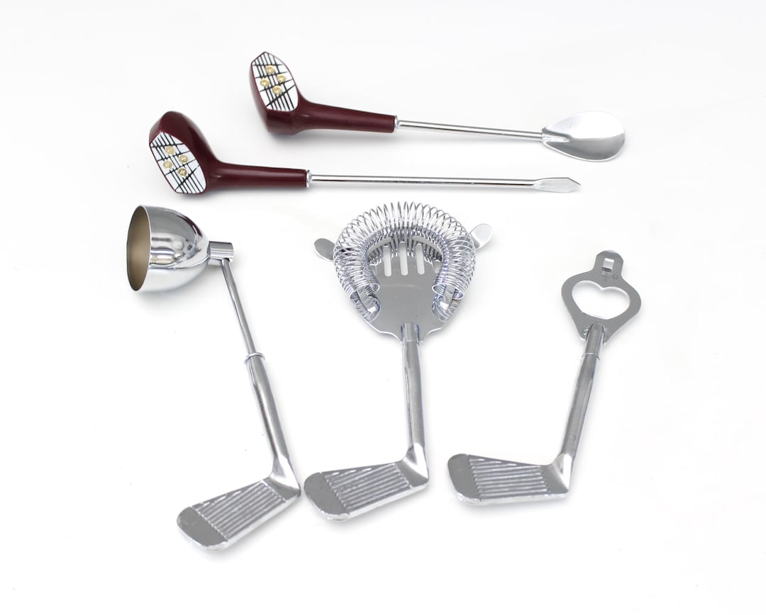 5 Piece Golf Club Bar Tool Set Mid Century Golfing Drink Utensils Golf ...