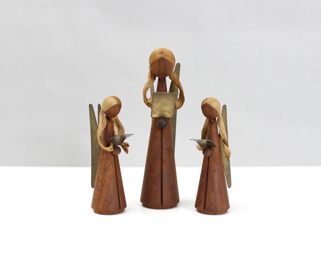 3 Vintage KWO Germany Teak and Brass Angel Figurines Mid Century Helmut ...